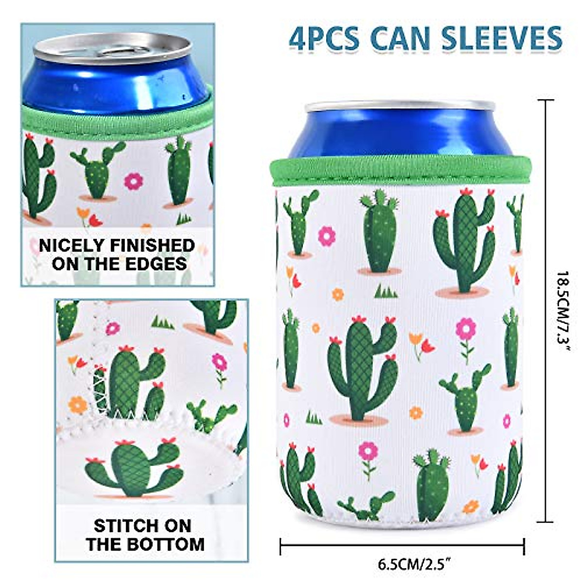 Set of 4 Neoprene Can Sleeves - Collapsible Thermocoolers Can Cooler Sleeves Tropical Summer Soda Beer Caddies for Weddings Bridal Shower Birthday Beach Bachelorette Parties