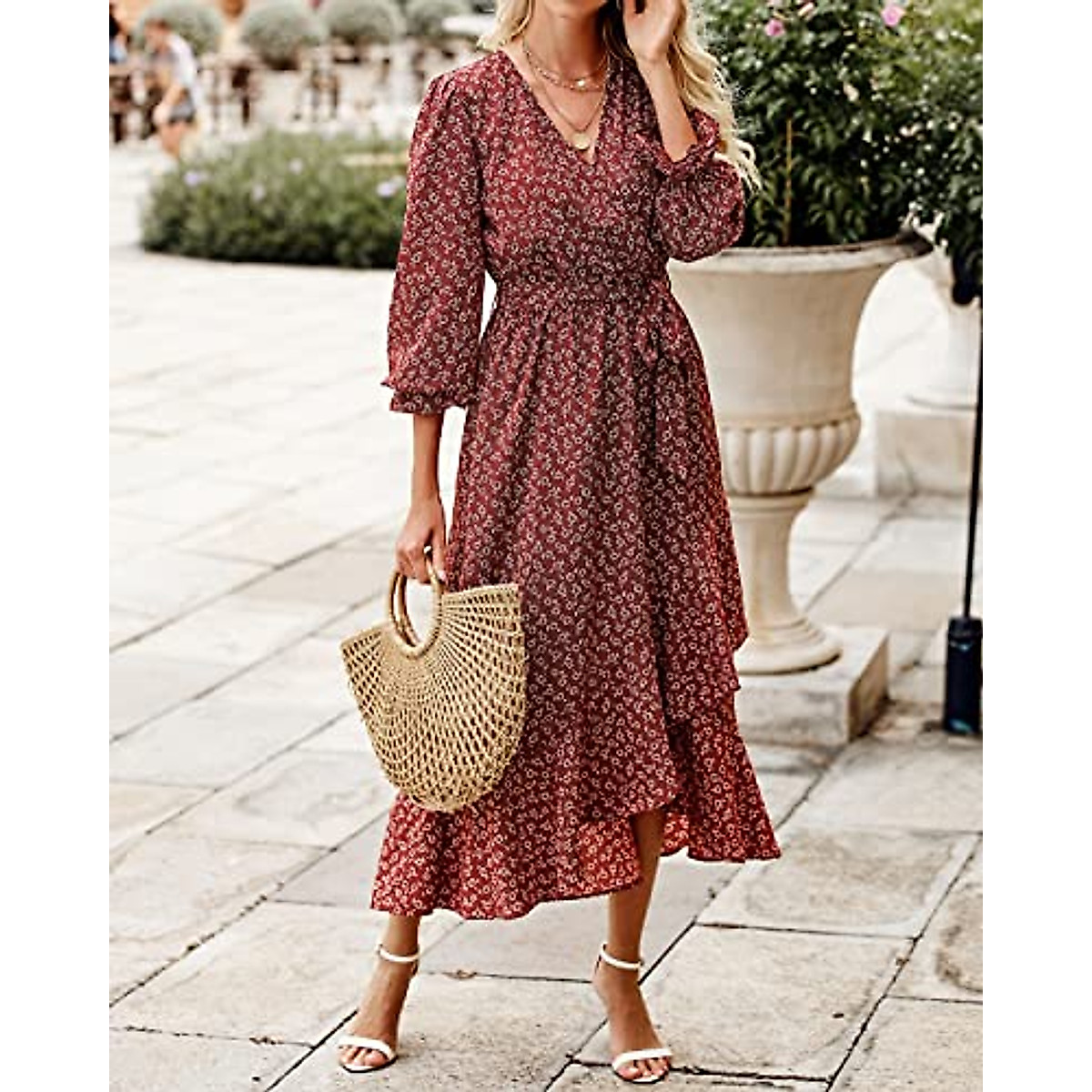BTFBM Women Long Sleeve Wrap Maxi Dress V Neck Boho Floral High Waist Flowy Ruffle 2023 Summer Fall Dresses with Belt(Floral Wine Red White, XX-Large)