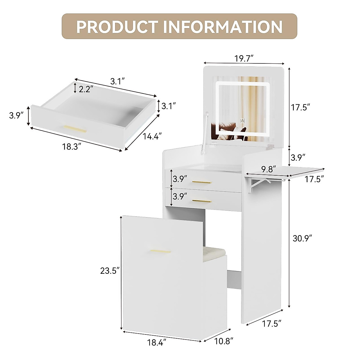 ARTETHYS Small Vanity Desk Set with Flip-top Mirror and Lights White Integrated Makeup Table for Small Space Compact Mini Dressing Table with Fold-up Panel and Storage Chair for Bedroom