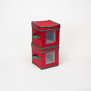 Household Essentials 530RED Holiday China Storage Chest with Lid and Handles | Storage Bin for Small Saucer Plates | Red Canvas with Green Trim