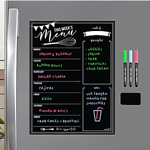 Magnetic Dry Erase Menu Board for Fridge with 3 Bright Neon Chalk Markers - 16x12" - Weekly Meal Planner Blackboard and Grocery List Notepad for Kitchen Refrigerator - Whiteboard Chalkboard Magnet
