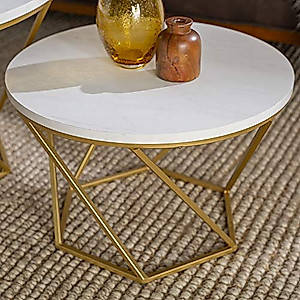 Walker Edison Modern Round Nesting Coffee Table Living Room Accent Ottoman Storage Shelf, Set Of 2, Marble and Gold