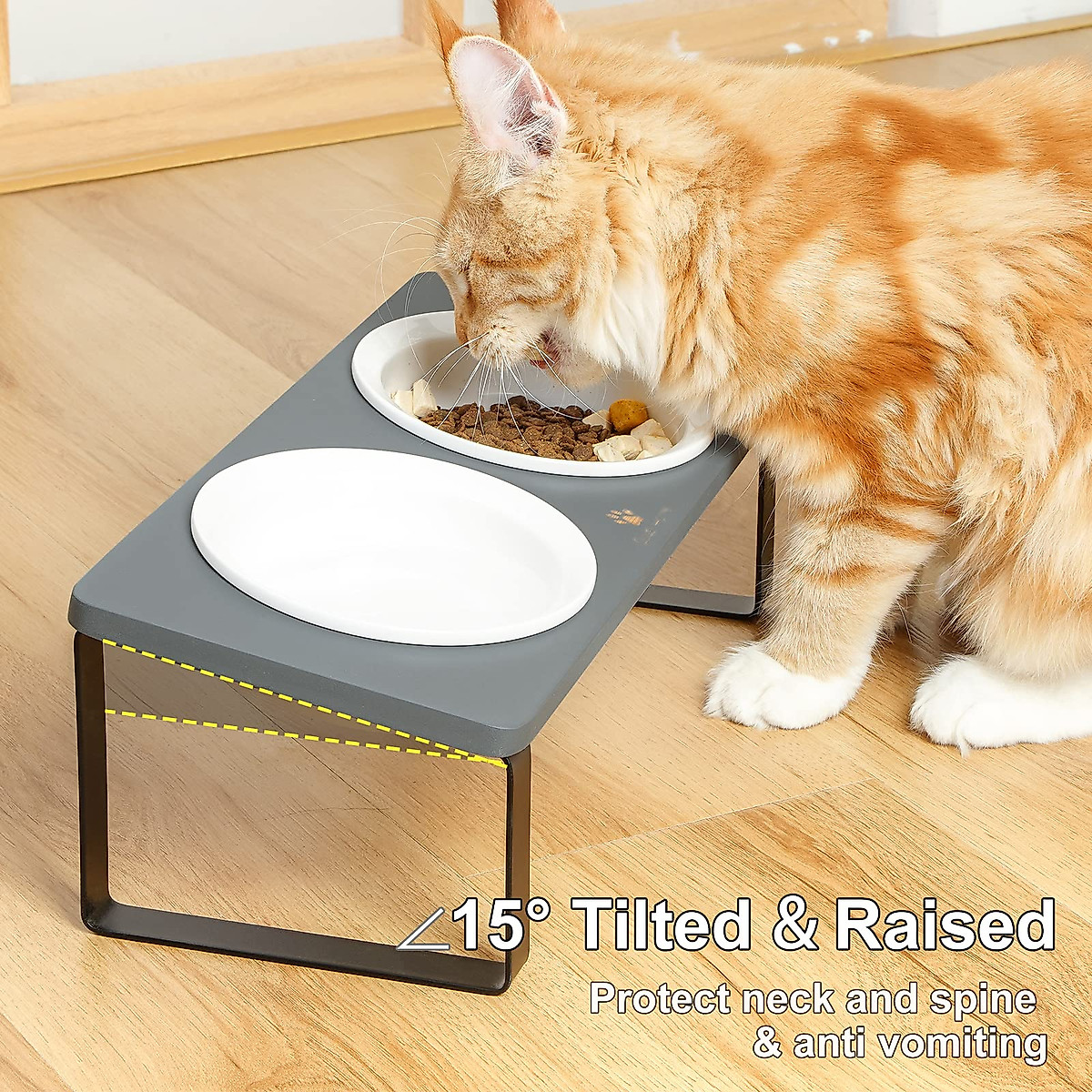 Sunhoo Ceramic Elevated Cat Bowls, Raised Puppy Dishes for Food and Water, Tilted Bamboo Stand for Anti Vomiting, Indoor 5.5 inch Wide Double Dish Orthopedic Anti-Vomiting (Grey)