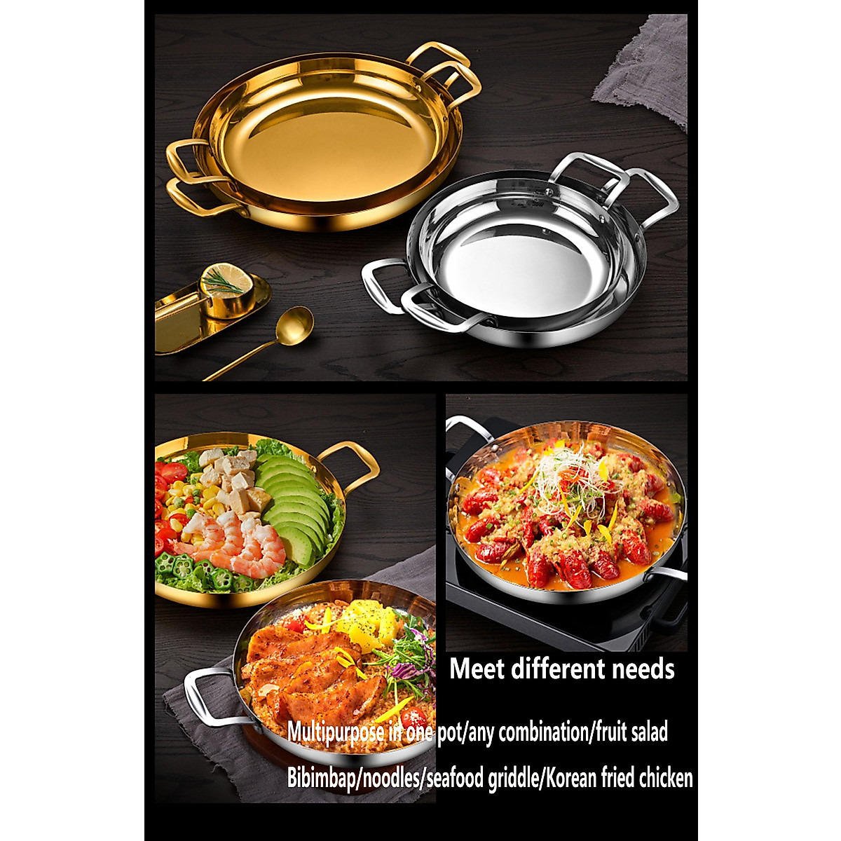 GFHVDC Paella Pan Gold Stainless Steel Skillet Pan Large Skillet,Griddle,Large Saute Pan with Lid,Jumbo Cooker,Induction Pan,Dishwasher and Oven Safe For Home Cooking,Gold,36CM