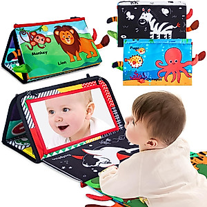 Tummy Time Mirror Toys for Baby 0-6 6-12 Months High Contrast Infant Toys with Crinkle Cloth Book and Teethers Black and White Montessori Sensory Toys for Newborn Boys Girls