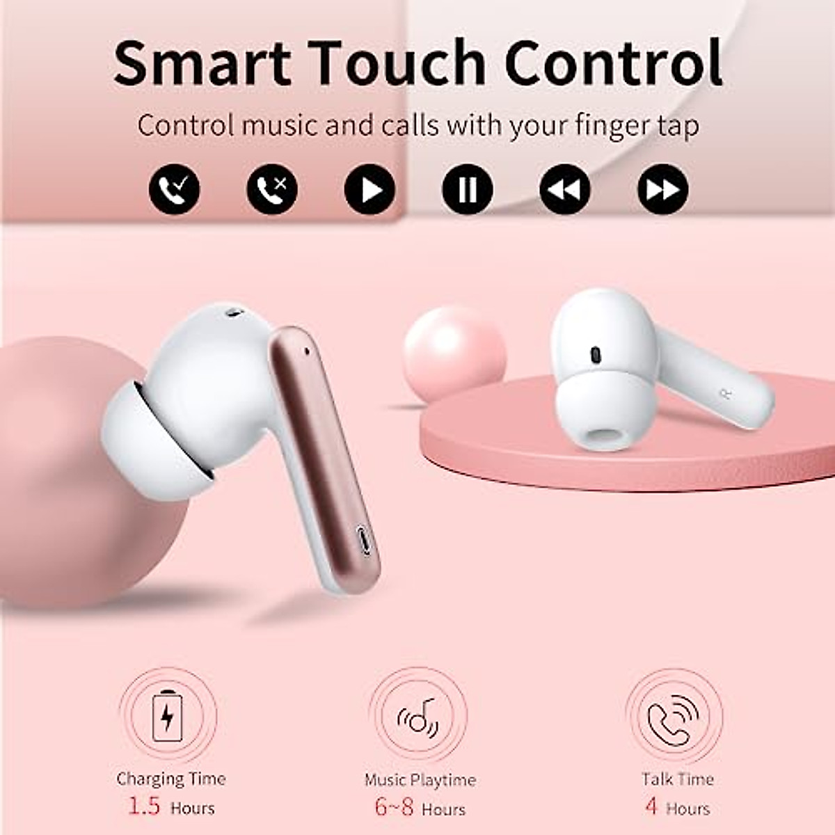 HISOOS Wireless Earbuds Bluetooth Headphones LED Power Display Earphones ANC Ear Buds with Charging Case Bluetooth 5.3 Hi-Fi Stereo for iPhone/Android,Valentine's Day Birthday Gifts (Rose Gold)