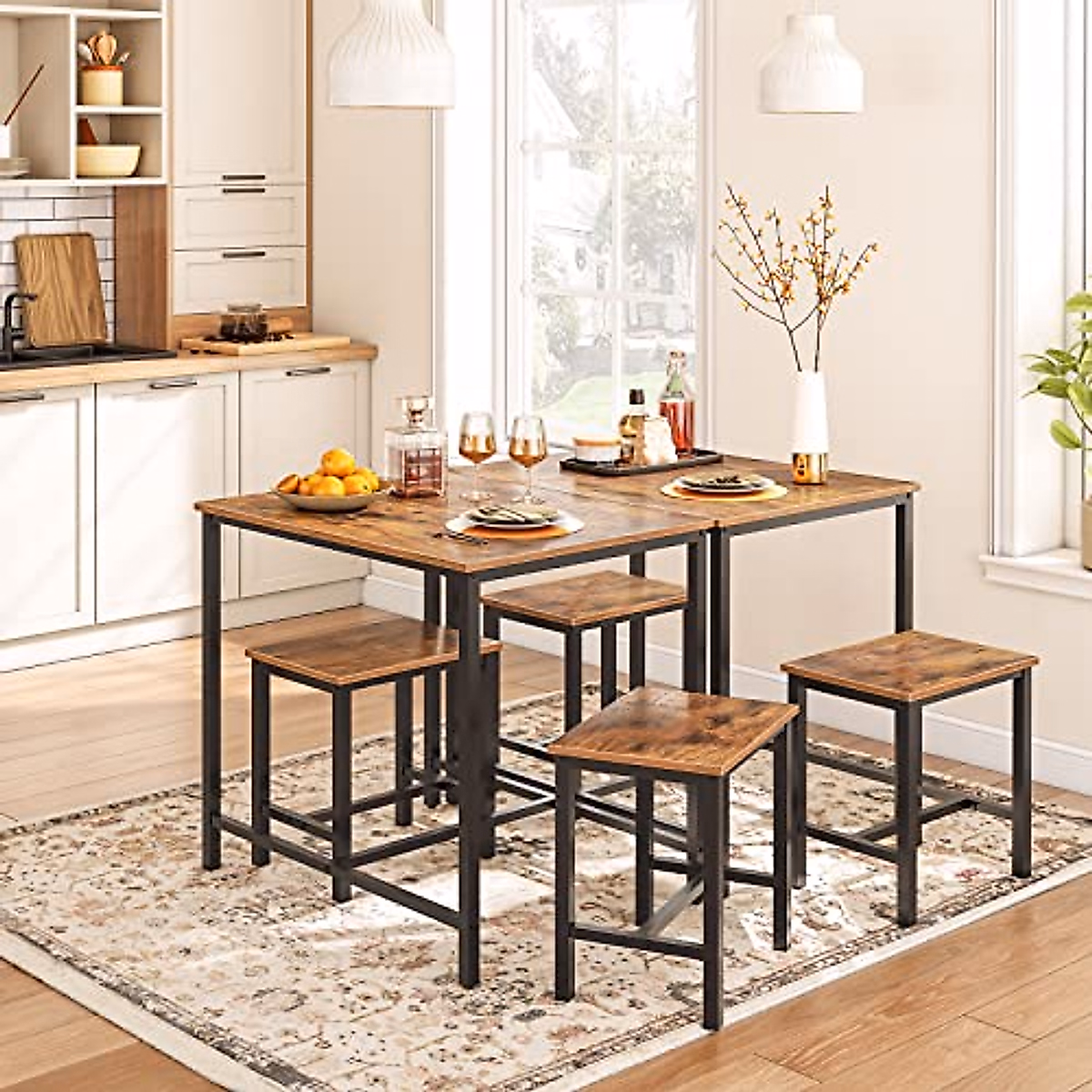 HOOBRO Dining Table Set, Bar Table and Chairs Set, Kitchen Table and Bar Stools, 3-Piece Breakfast Table Set for Kitchen, Living Room, Party, Rustic Brown and Black BF75CZ01G1