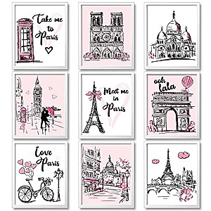 Pajean 9 Pieces Paris Wall Art Prints, Pink Eiffel Tower Bedroom Decor Romantic Paris Theme Room Decor Unframed Art Poster Decor for Girls Living Room Bathroom Kitchen Office Decor, 8 x 10 Inch