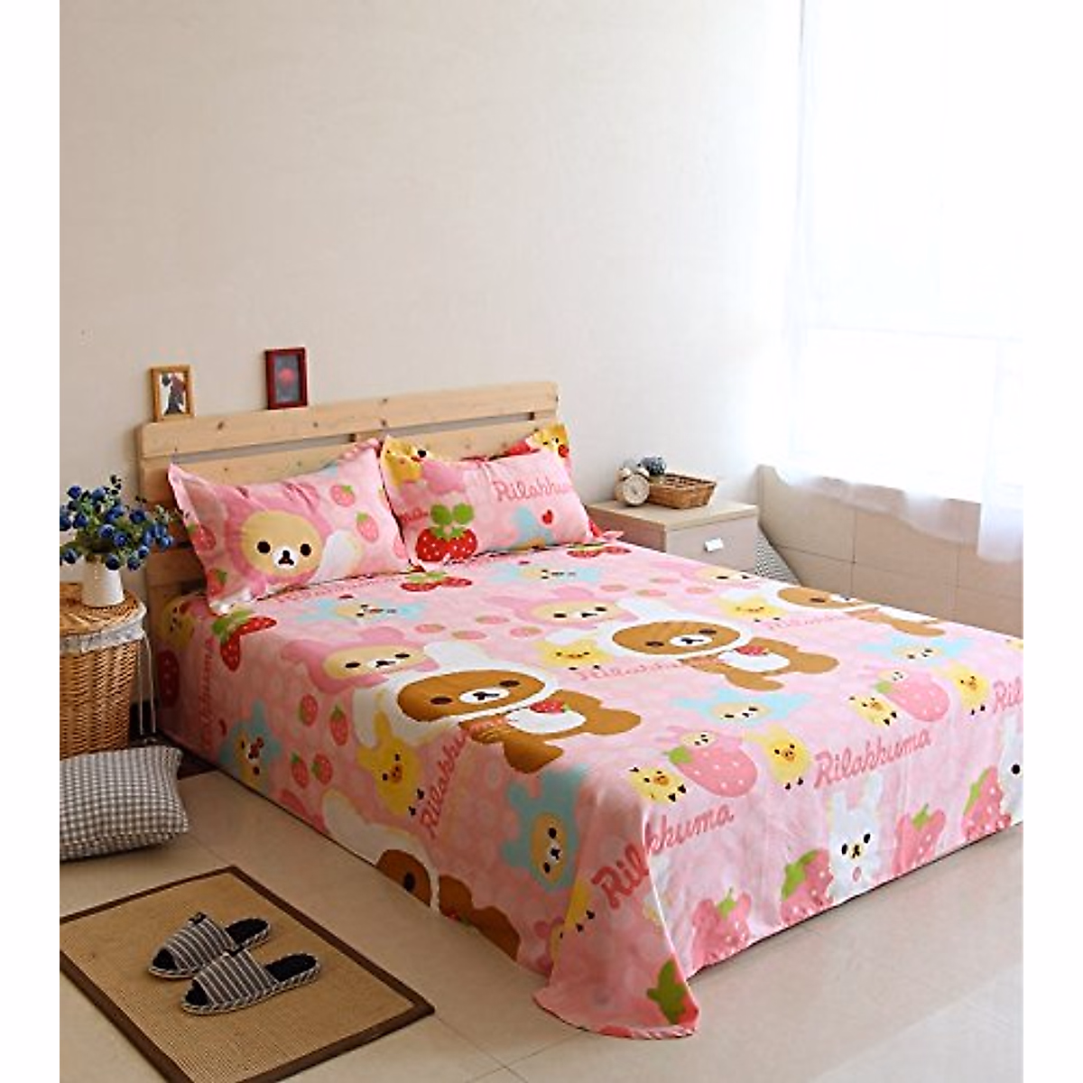 LELVA Rilakkuma Pattern Bedding Quilt/Comforter Cover Set Kids Bedding Duvet Cover Set for Girls Flat Sheet Pink Twin Size