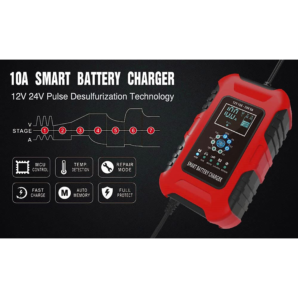 Foxsur 10-Amp 7-Stage Car Battery Charger for Wet/GEL/SLA/LiFePO4/Lead-Acid/AGM Batteries, 12V/ 24V Smart Battery Charger/Maintainer, for ATVs/Golf Cart/Motorcycle/Automobile/Marine etc Quick Charger