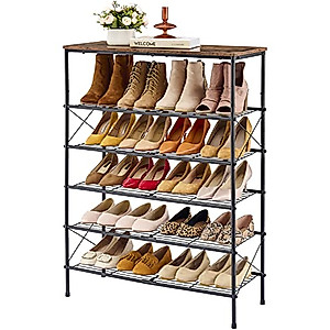 Tajsoon 6-Tier Shoe Rack Organizer, Industrial Shoe Rack for Closet Entryway, Metal Mesh Shoe Storage Shelf with X Shape Fixed Frame, Rustic Brown and Black