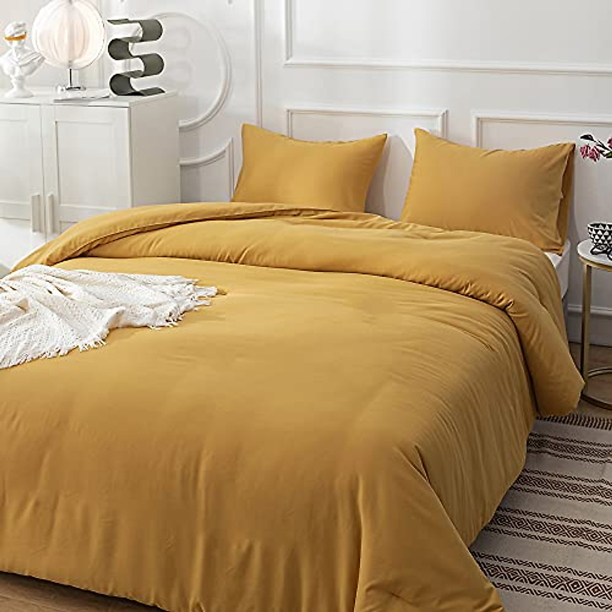 CLOTHKNOW Mustard Yellow Comforter Set California King Turmeric Bedding Comforter Sets Dark Yellow Bed Comforter Yellow Comforter King Comforter Soft 3Pcs Mustard Comforter Sets Cal King