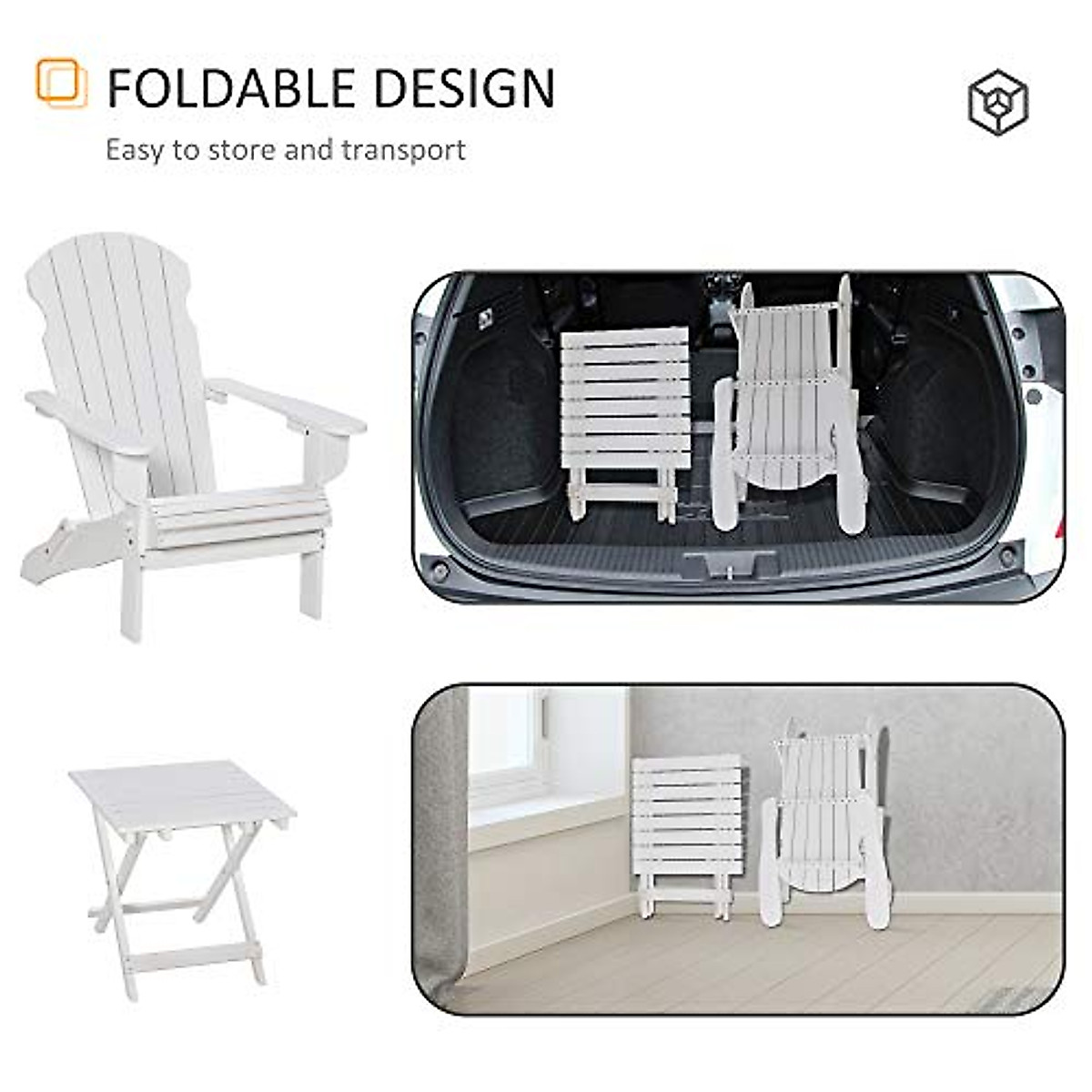 Outsunny 3-Piece Folding Adirondack Chair with Ottoman and Side Table, Outdoor Wooden Fire Pit Chairs w/High-Back, Wide Armrests for Patio, Backyard, Garden, Lawn Furniture, White