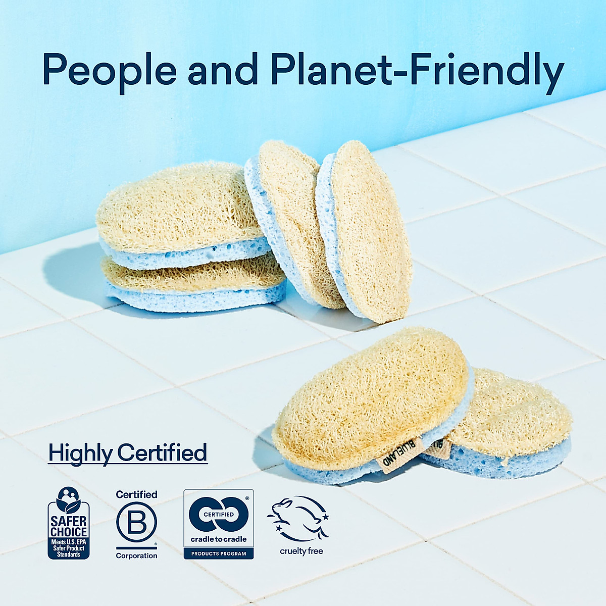 BLUELAND Scrub Sponge, 3-Pack, Dual-Sided Dish Loofah, Plastic-Free, Plant-Based Kitchen Scrubbing Non-Scratch