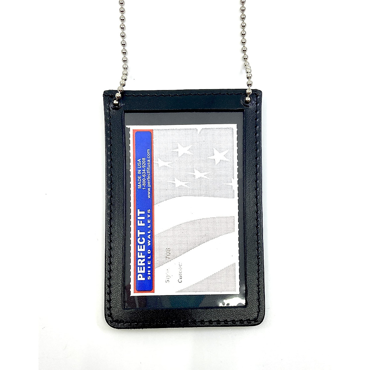 Neck Chain Double Sided ID Holder with 2 Clear Picture ID Windows, Leather Badge for Credential Pass to Wear Around The Neck for Police Law Enforcement, Business, Factory Worker (Black) (Vertical)