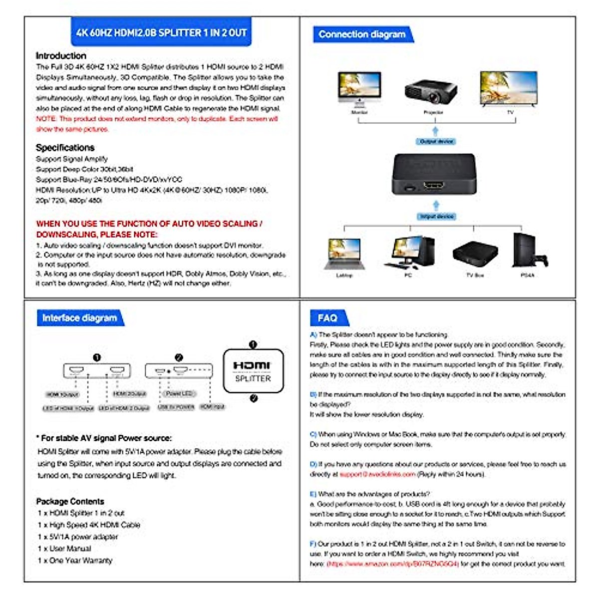 HDMI Splitter 4K@60Hz, avedio links HDMI Splitter 1 in 2 Out, HDMI Splitter for Dual Monitors Only Duplicate/Mirror Screens, Support HDMI2.0b, HDCP2.2, 18.5Gbps, Auto Scaling, Full HD 1080P 3D