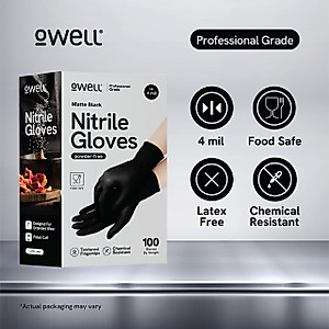 OWELL Black Nitrile Gloves Disposable Latex Free – 4 mil Nitrile Gloves MEDIUM Disposable Gloves Black Cooking Gloves Disposable Food Safe Powder Free Latex Free Gloves (MEDIUM - 100 Count)
