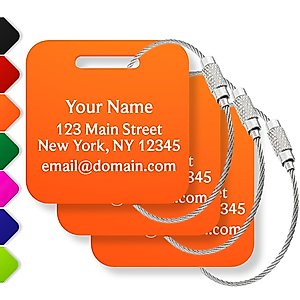 Custom Luggage Tags (3 or 6 Pack) - Personalized Unique Suitcase & Backpack Travel, Durable, Waterproof & Heavy Duty (Orange)
