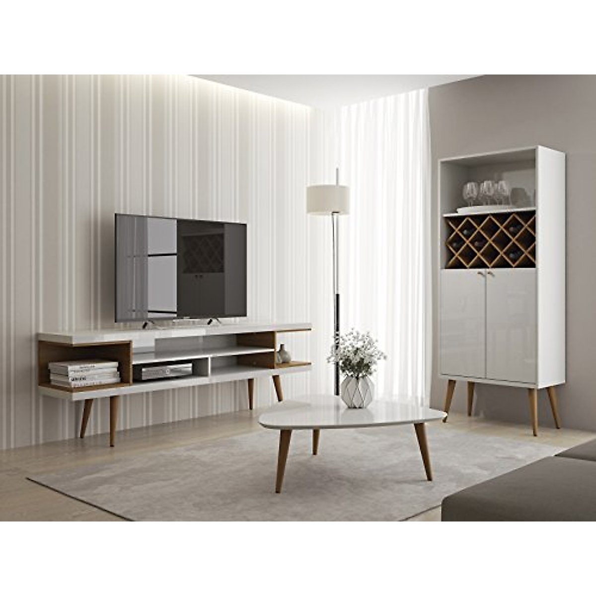 Manhattan Comfort Utopia Collection Mid Century Modern TV Stand With Open 3 Open Shelves and Two Open Cubbies, White/Wood