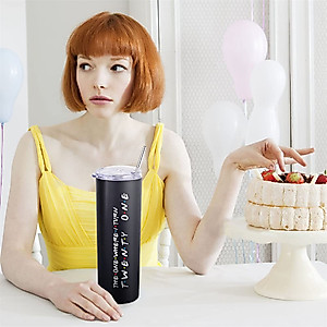 21st Birthday Gifts For Her 21st Birthday Decorations For Her 20 OZ Black Skinny Wine Tumbler Turn 21 Travel Cup With Lid Straw Happy 21 Year Old Bday Presents For 2003 Born Women Girls Female