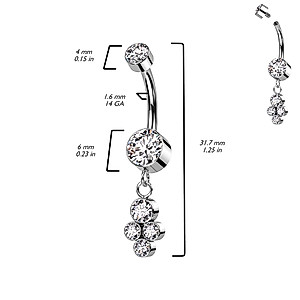 Pierced Owl 14GA F136 Implant Grade Titanium Internally Threaded Double CZ Crystal with Dangling Crystal Cluster Belly Button Ring (Aurora Borealis)