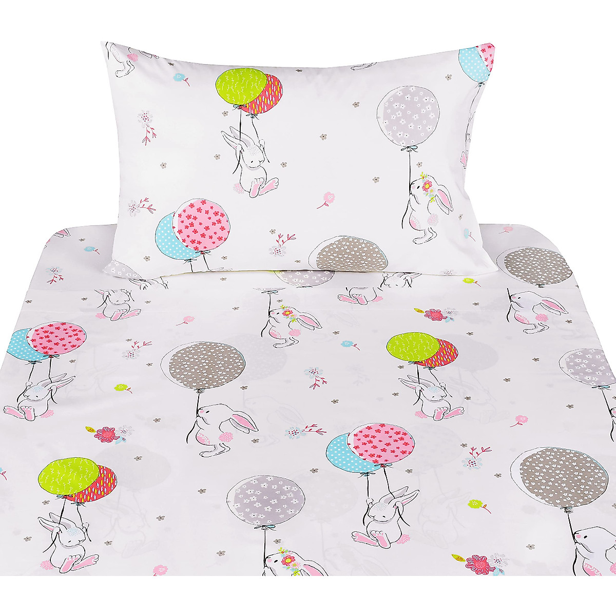 J-pinno Cute Cartoon Rabbit Bunny 100% Cotton 3 Pieces Twin Sheet Set for Kids Girls Children Flat Sheet + Fitted Sheet + Pillowcase Bedding Decoration Gift Set