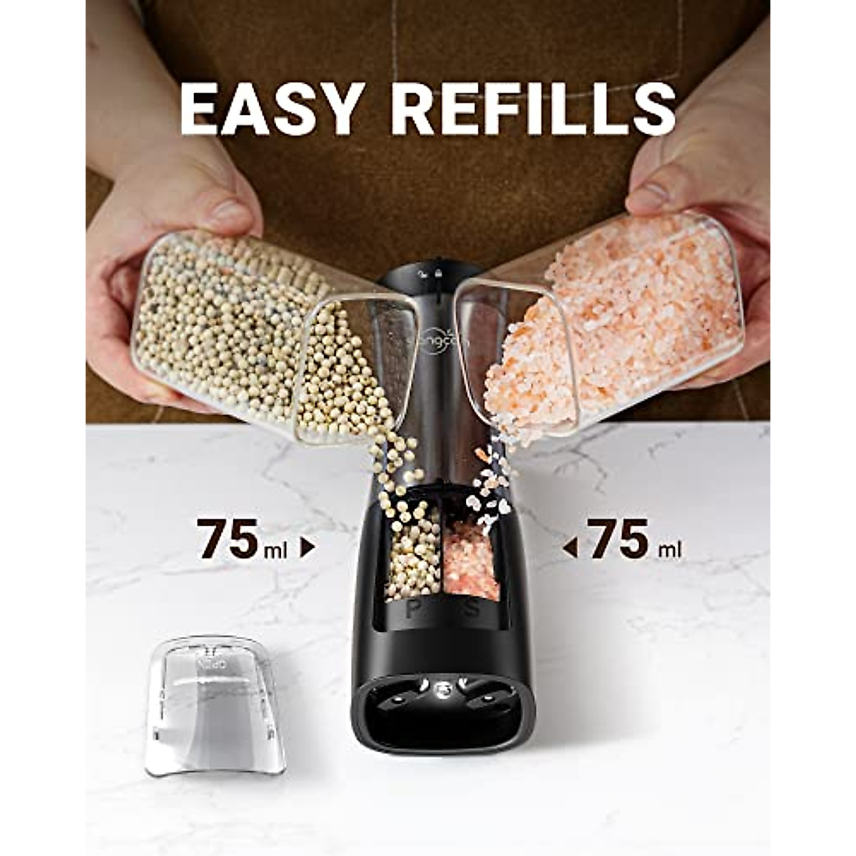 Sangcon 2 in 1 Electric Salt and Pepper Grinder Set, Battery Powered Salt and Pepper Mill, Automatic One-Handed Operation Refillable Grinder with Light, Adjustable Ceramic Grinders, Metallic Gunmetal