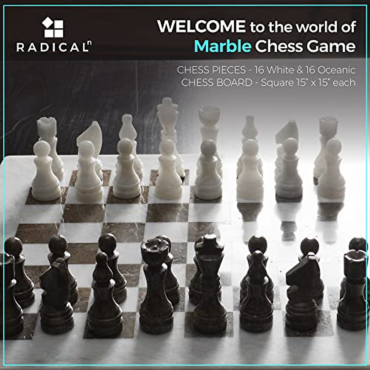 RADICALn 15 Inches Large Handmade White and Grey Oceanic Weighted Marble Full Chess Game Set for Adults Staunton and Ambassador Gift Style Tournament Chess Sets