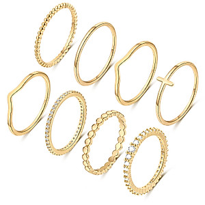 RLMOON 8PCS 14K Gold/Silver Plated Ring Set for Women Dainty CZ Simulated Diamond Ring Eternity Band Non-Tarnish Gold Stackable Ring Size 4-11 (Stacking Ring Gold, 8)