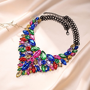 Flyonce Rhinestone Chunky Collar Necklace, Multicolor Crystal Costume Statement Jewelry for Women