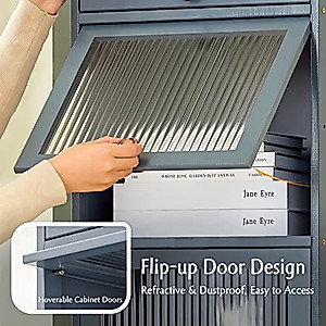 IOTXY Small Narrow Shelf Bookcase - 3-Tier Bamboo Corner Bookshelf with Moru Acrylic Doors, Freestanding Tall Skinny Storage Organizer Rack, for Living Room, Kitchen, Bedroom, Gray, 15.7" W