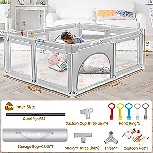 Baby Playpen with Mat,70"x59" Baby Playpen for Babies and Toddlers,Kids Playard Activity Center with Anti-Slip Design,Zipper Gates with Visible Mesh,Hand Rings