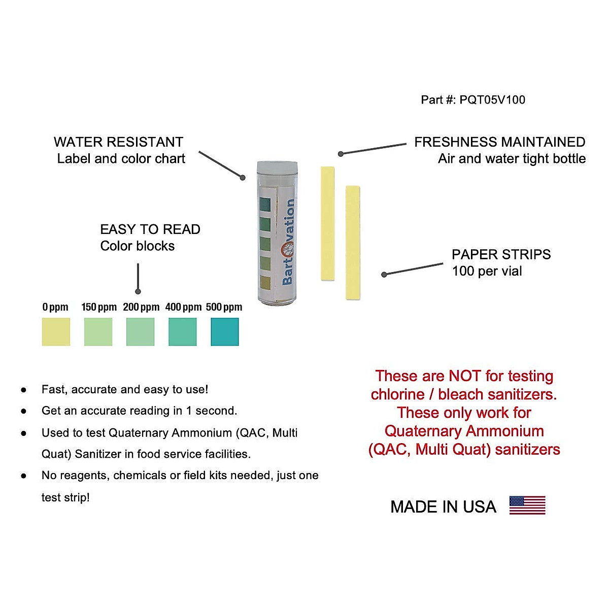 Five Pack Restaurant Quaternary Ammonium (QAC, Multi Quat) Sanitizer Test Paper, 0-500 ppm [5 Vials of 100 Paper Strips]
