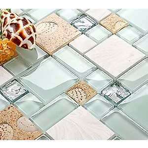 Glass Stone Mosaic Polished Beach Style Backsplash French Pattern Green Lake & White Bathroom Wall Tiles (5 Square Feet)