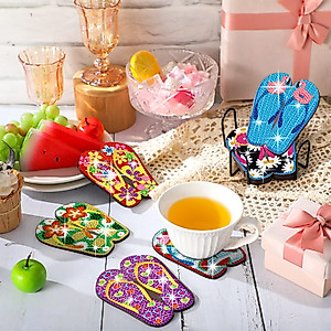 Shellwei 8 Pcs Flip Flop Diamond Art Coasters Summer Diamond Painting Coasters with Holder Hawaii Diamond Coasters Tropical Beach Diamond Coasters for Crafts Beginner Adults Kids Party Gift