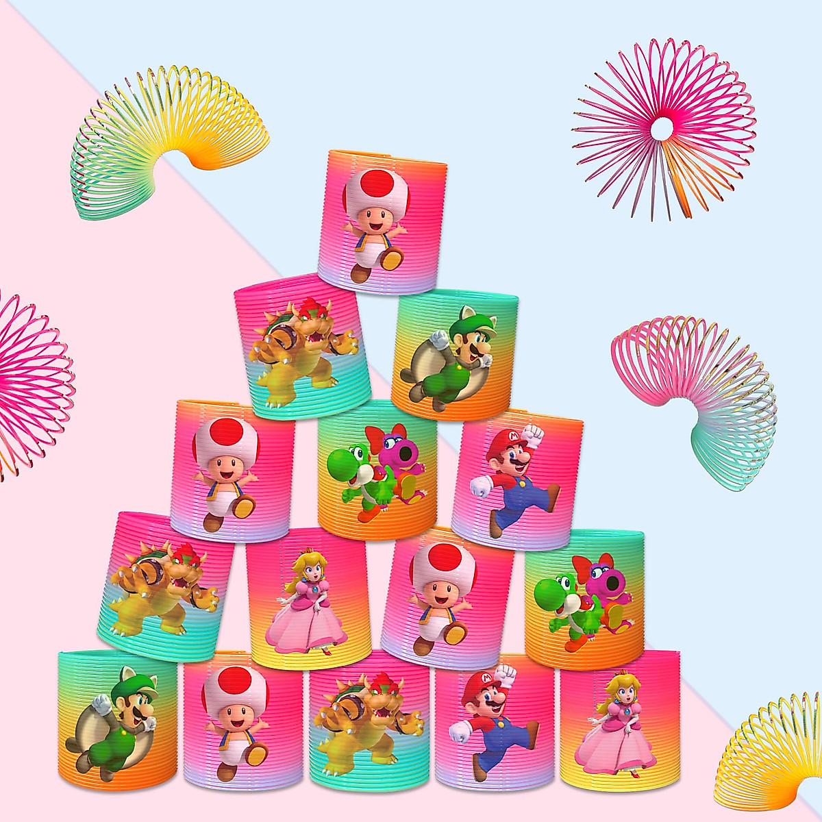 Mario Spring Rainbow Party Favors, Mario Mini Plastic Coil Spring Toy, Mario Fidget Stress Coil, Mini Springs Bulk Toys for Carnival Prize Birthday, Mario Goodie Bag Stuffers