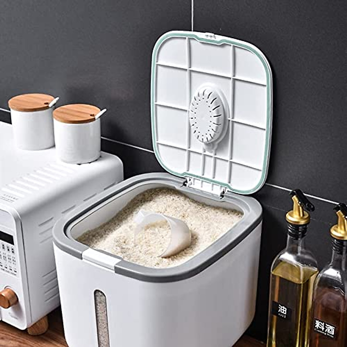 GQU Airtight Rice Dispenser 22 Lbs Food Storage Container Automatic Flip Cover Rice Bucket for Cereal Grain Flour Rice Nuts Beans Pet Food Countertop, Gray