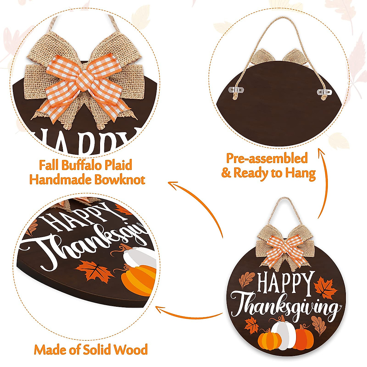 Happy Thanksgiving Wooden Front Door Sign Fall Holiday Rustic Natural Wood Round Door Hanger with Orange Buffalo Plaid Bow Wall Art with Pumpkins Autumn Leaves Decoration Ideas 12 Inches