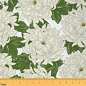 Floral Fabric by The Yard, Romantoc Japanese Chrysanthemum Upholstery Fabric, Leaves Decorative Fabric, Retro Petals Indoor Outdoor Fabric, Botanical DIY Waterproof Fabric, White Green, 1 Yard