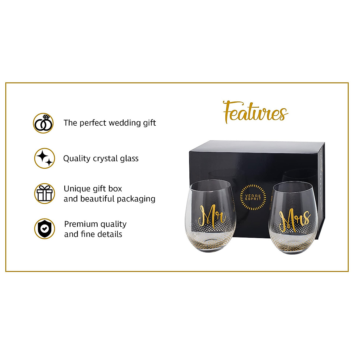 VERRE ESPRIT Mr and Mrs Wine Glasses, Stemless Wedding Glasses for Bride and Groom, Bride and Groom Glasses with Gold Lettering, Mr and Mrs Glasses set of 2, Crystal Wedding Wine Glasses