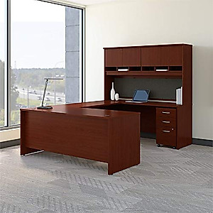 Bush Business Furniture Series C U Shaped Desk with Hutch and Storage, 72W, Mahogany