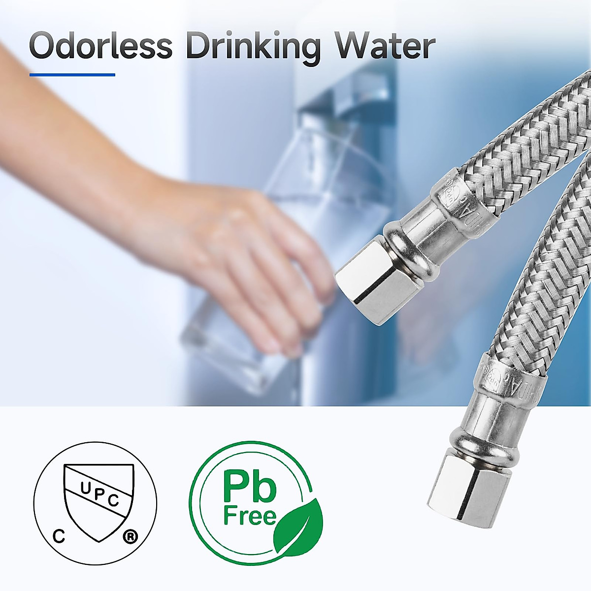 JUWO 18 FT Refrigerator Water Line, 1/4 Inch Compression Stainless Steel Ice Maker Hose Connector, For Medium-sized Residences with Long Distance