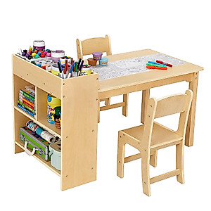 OOOK Kids Art Table and 2 Chairs, Toddler Activity Table with Large Storage Shelves, Wood Activity Desk for Writing Drawing Suitable for Playrooms & Classroom