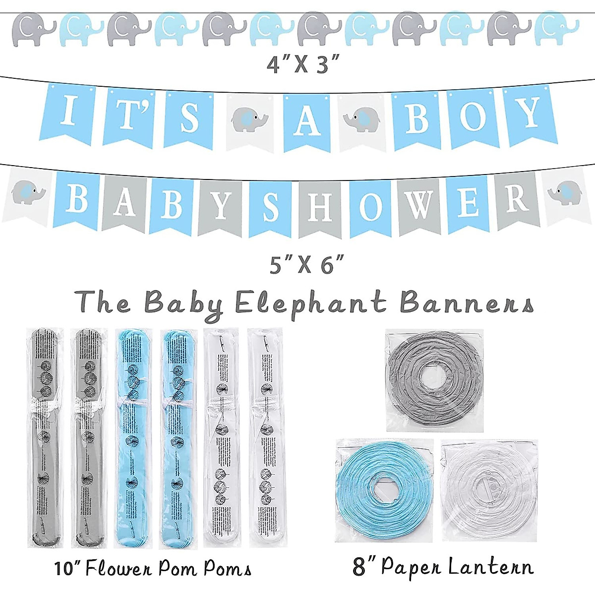 WOMRICH Boy Baby Shower Decorations Elephant Theme Set, Baby Shower Guestbook Elephant Sign Frame, It is a Boy Banners Elephant Garland Paper Lantern Paper Flower Pom Poms (Blue)