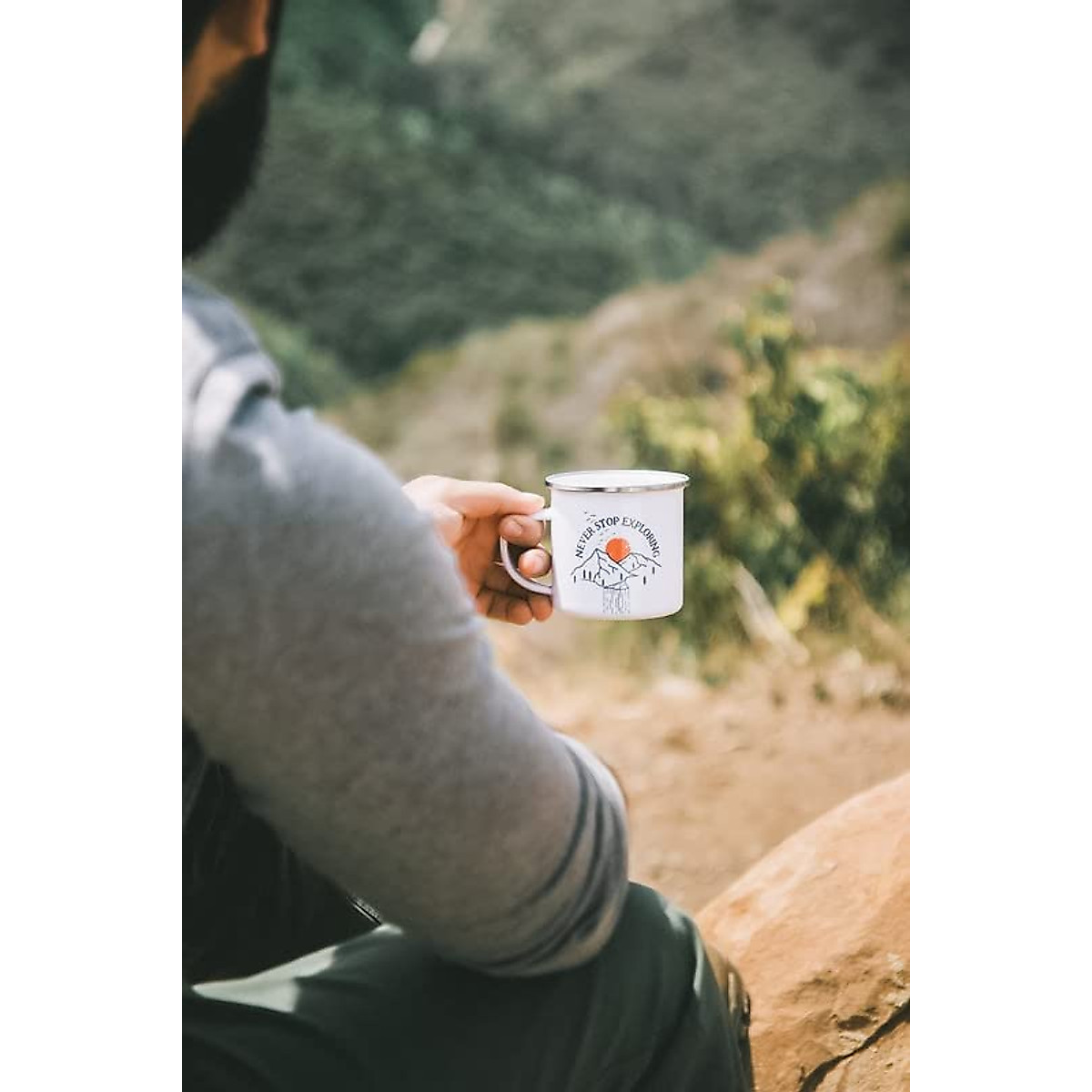 Never Stop Exploring Enamel Campfire Mug, Outdoor Enthusiast Camping Coffee Cup, Wanderlust Mountain Nature Hiking Camp Lover Gift (12oz)