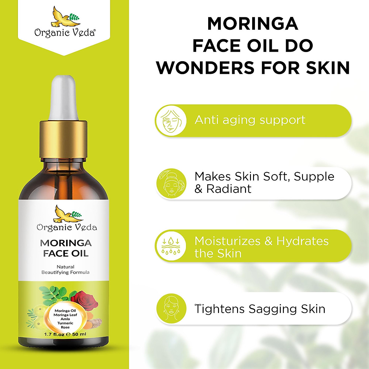 Organic Veda Moringa Face Oil with Dropper - 100% Natural Moringa Seed Oil with Turmeric & Rose Extract for Soft & Radiant Skin - Anti-aging, Reduce Wrinkles, Minimize Age Spots - 50ml (1.7 fl.oz)