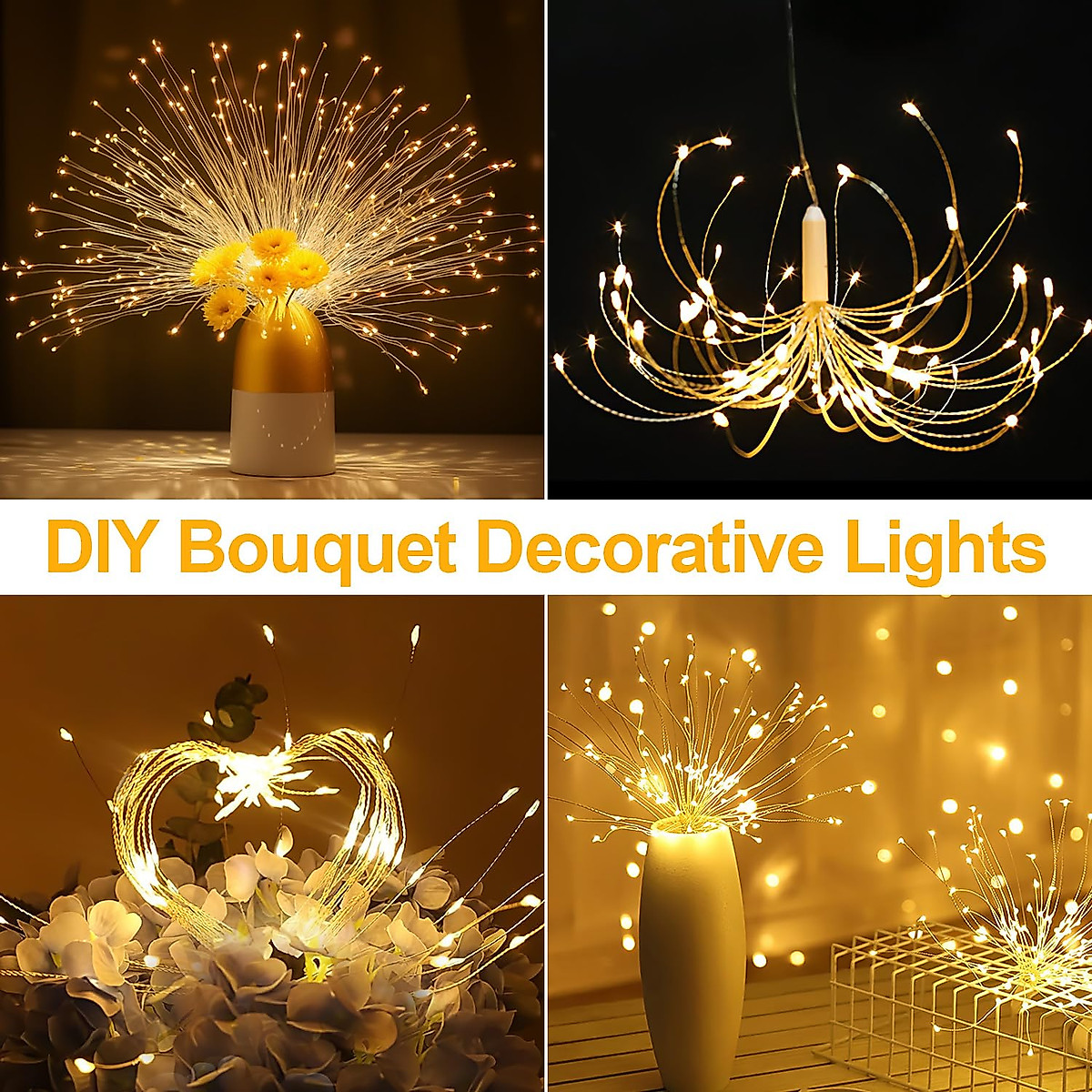 KIKILIVE Firework Lights, 8 Pack LED Copper Wire Fireworks Lights Fairy Lights Christmas Fireworks Hanging Dimmable String 8 Modes Waterproof with Remote Control for Christmas Wedding Garden