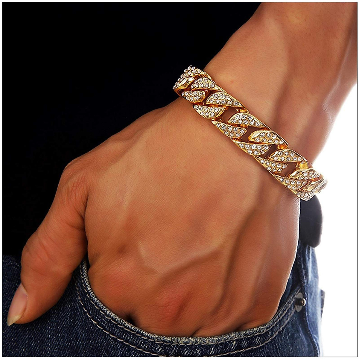 Aiyo Nice Mens Womens Cuban Link Bracelet Hip Hop Bracelet Gold Chain Bracelet Iced Out Curb Cuban 18k Gold Plated Bracelet With Clear Rhinestones (A-Gold-7.79in)