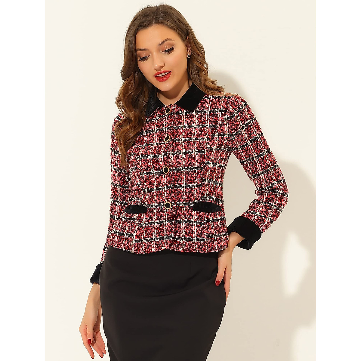 Allegra K Women's Elegant Vevelt Collared Tweed Blazer Jacket Coat X-Small Red