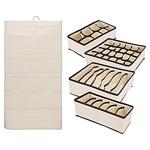 5pcs Underwear Drawer Organizers Divider Foldable Cabinet Closet Hanging Bag, Wardrobe Storage Box for Clothes, Socks, Ties, Belts(Beige)